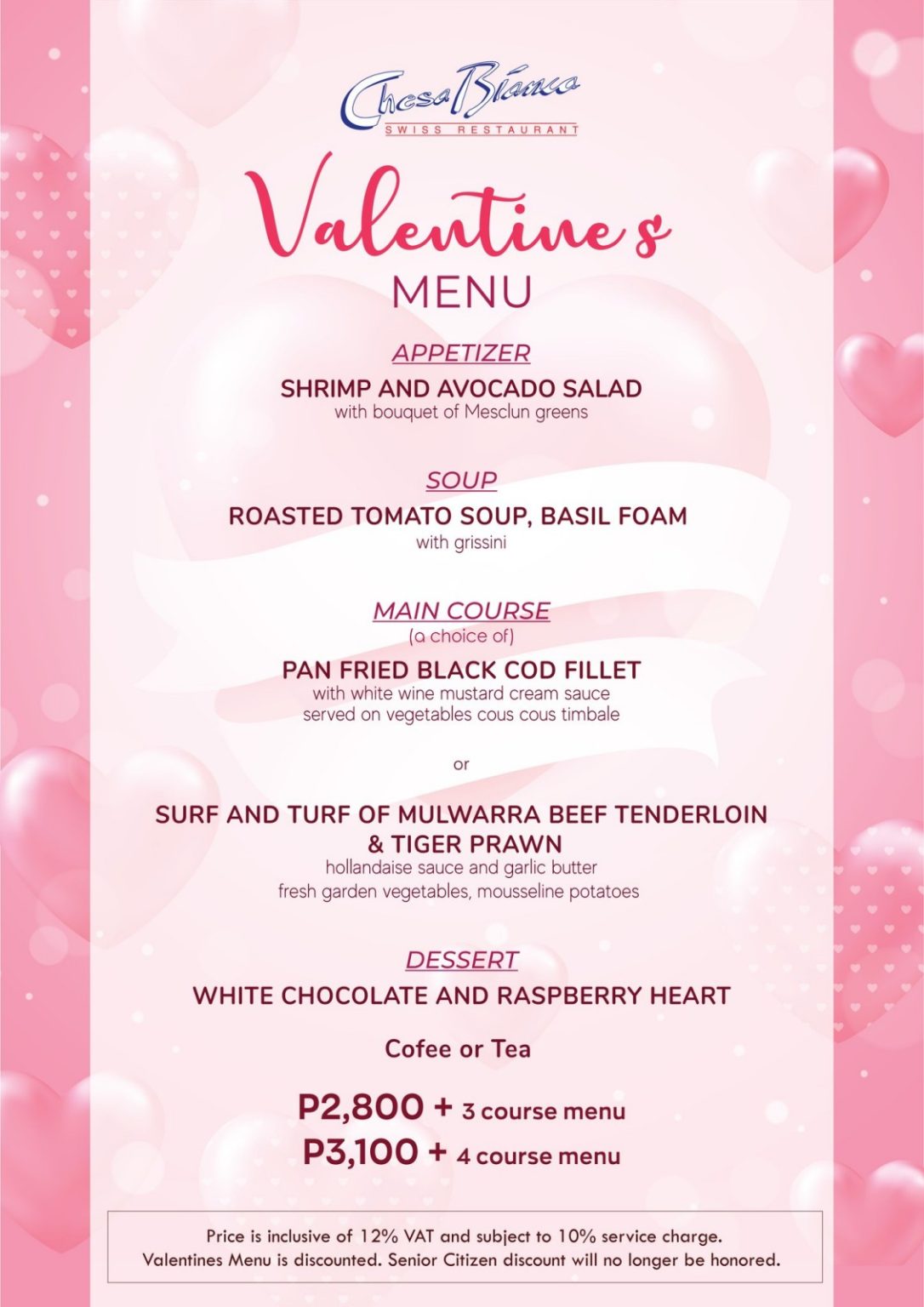 Valentines Day Promotion - Chesa Bianca Swiss Restaurant